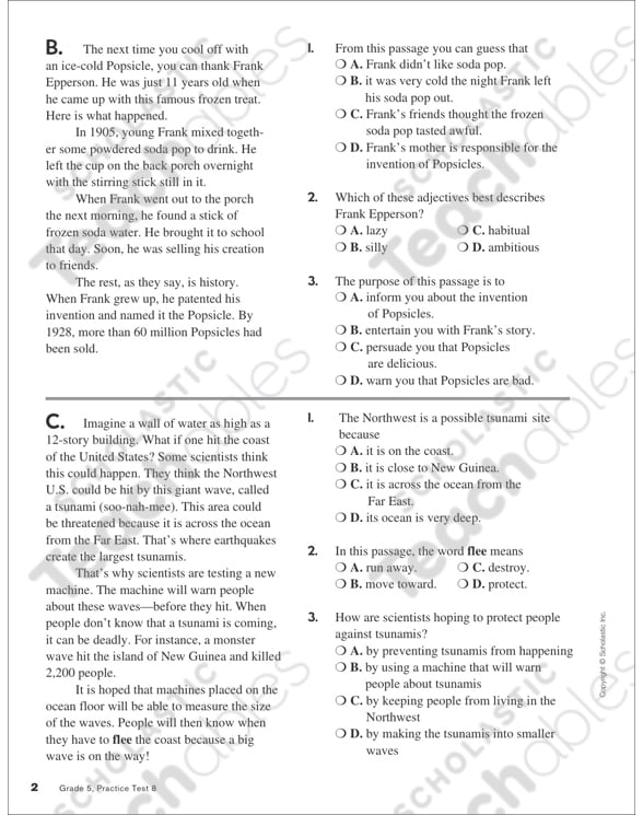 Reading Skills Practice Test 8 (Grades 4-5) | Printable Test Prep ...