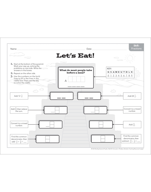 Let's Eat! (Fractions): Math Pyramid Puzzle | Printable Number Puzzles ...