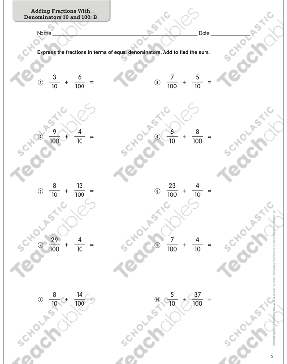Adding Two Fractions With Denominators 10 and 100: Math Lesson ...