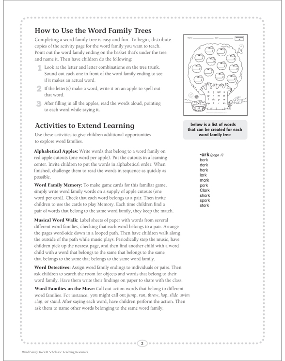 Variant Vowels (-ark): Word Family Tree | Printable Skills Sheets
