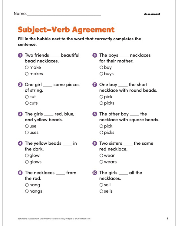 Subject/Verb Agreement Grade 5 Collection | Printable Leveled Learning ...