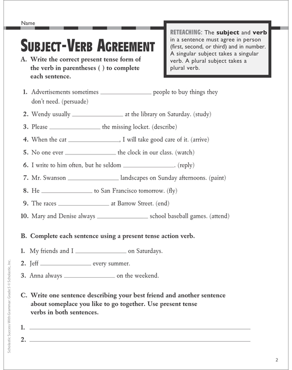 Subject/Verb Agreement Grade 5 Collection | Printable Leveled Learning ...
