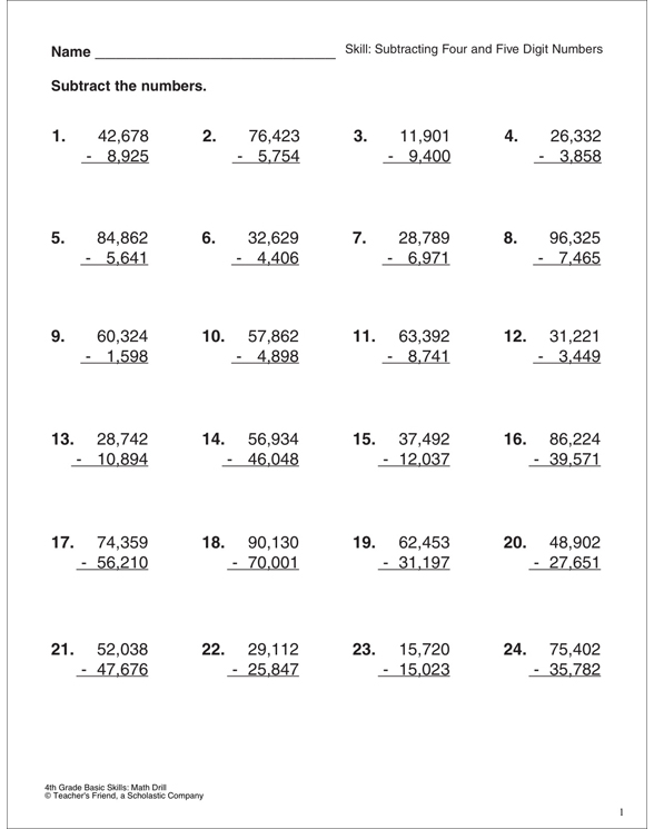 4-Digit Subtraction Grade 4 Collection | Printable Leveled Learning ...
